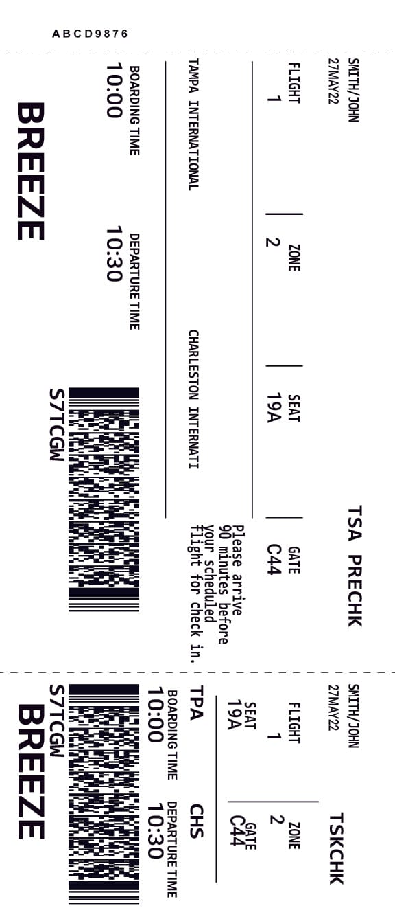 Breeze Airways Boarding Pass Ticket