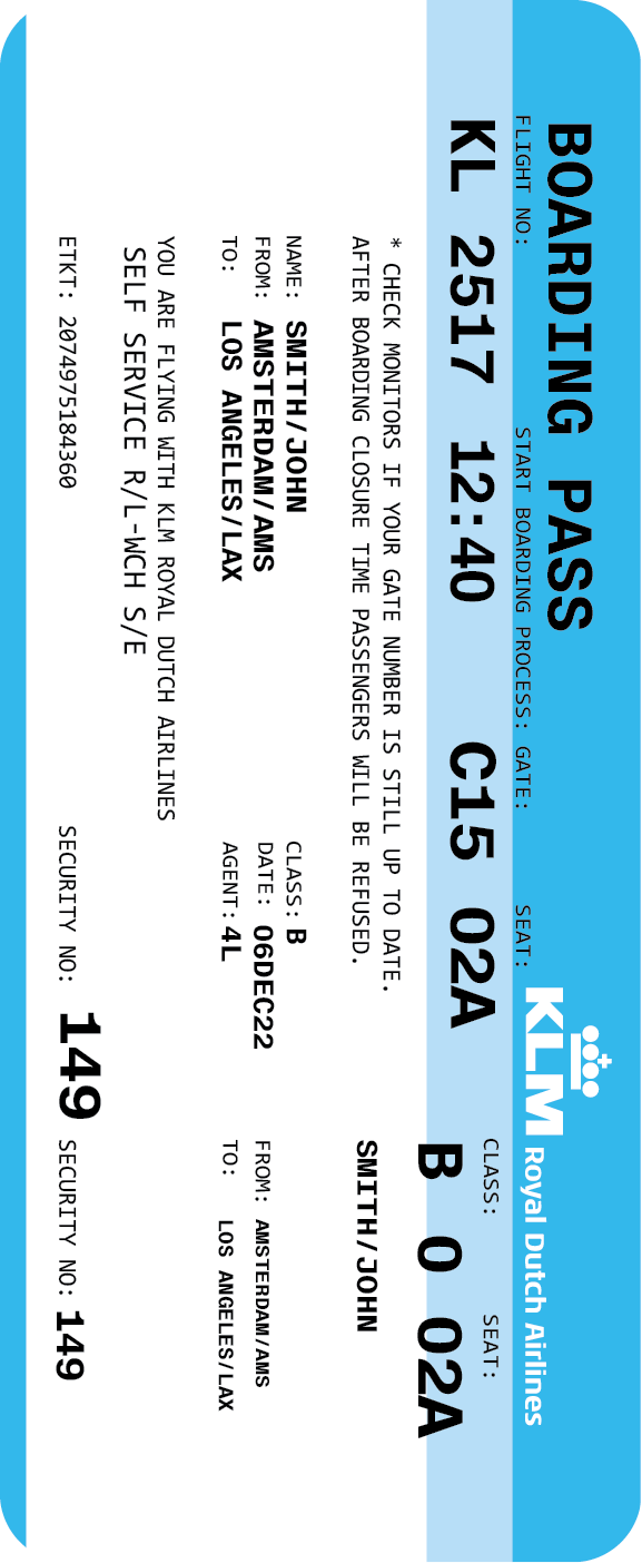 KML Airlines Boarding Pass Ticket